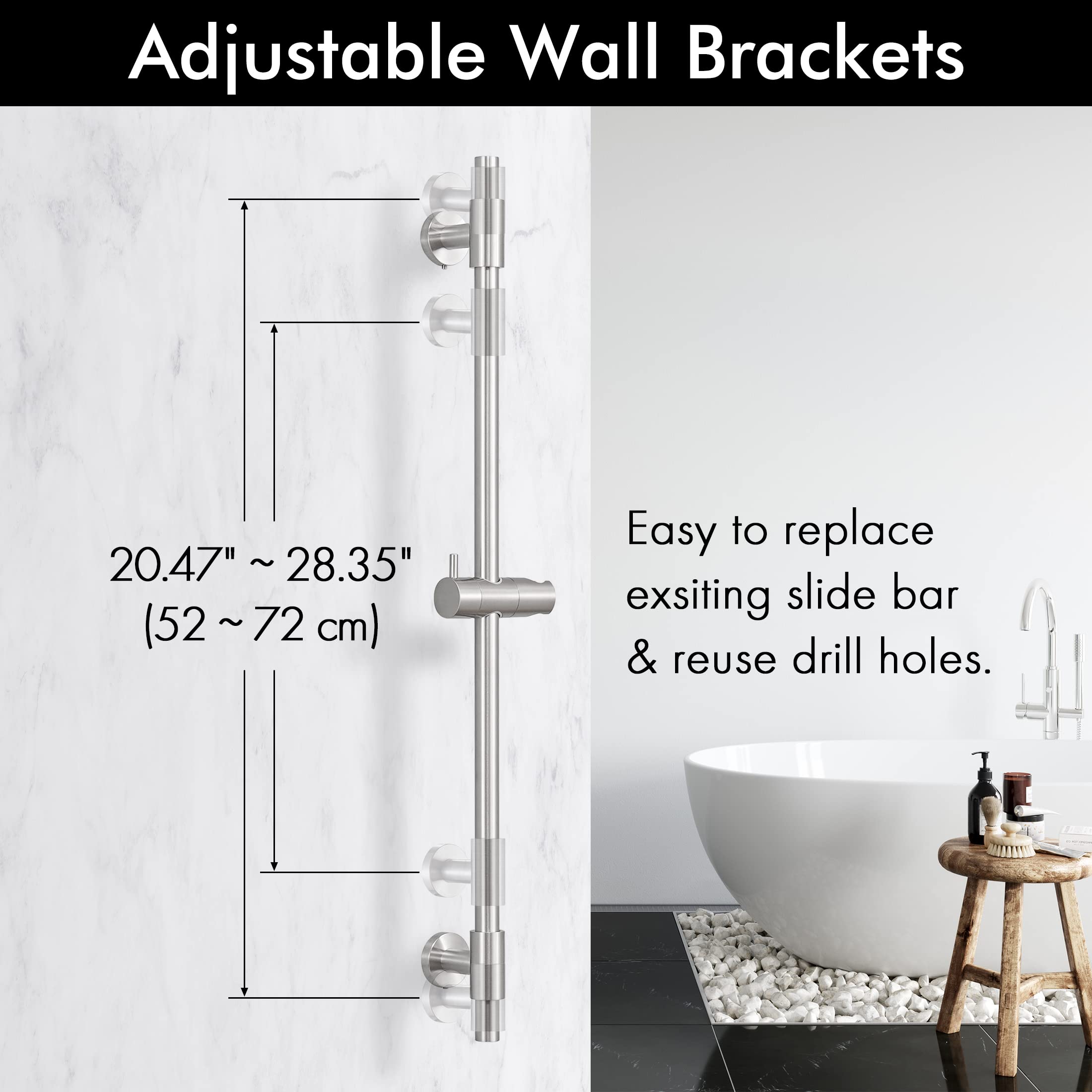 KES Brushed Finish Shower Arms and 30-Inch Slide Bars for Bathroom Wall ...